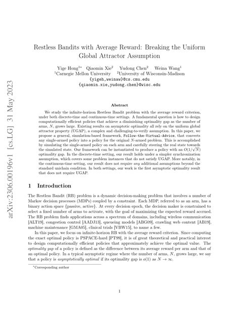 Pdf Restless Bandits With Average Reward Breaking The Uniform Global Attractor Assumption