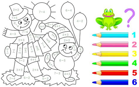 덧셈과 뺄셈에 대한 어린이를 위한 수학 연습 관련 색상의 그림을 그립니다 아이들의 숫자 세기 기술 개발 색칠 공부 아이들을 위한 교육용 워크시트 0명에 대한 스톡 벡터 아트