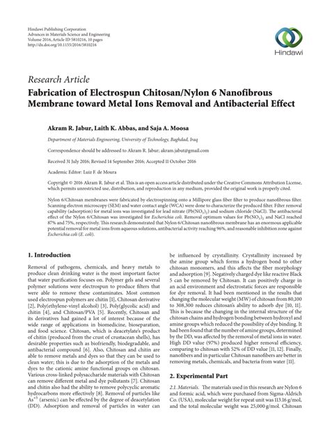 Pdf Fabrication Of Electrospun Chitosannylon 6 Nanofibrous Membrane Toward Metal Ions Removal