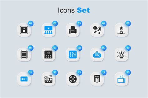화재 출구 스크린이 있는 영화관 강당 녹화 버튼 레트로 Tv 알코올 없음 비디오 재생 및 사운드 믹서 컨트롤러 아이콘을 설정합니다 벡터 고풍스런에 대한 스톡 벡터 아트 및