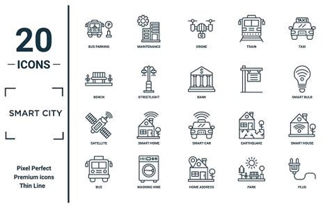 스마트 시티 선형 아이콘 세트 얇은 라인 버스 주차장 벤치 위성 버스 플러그 은행 보고서 프리젠 테이션 다이어그램 웹 디자인을위한 스마트 하우스 아이콘 포함 Smart