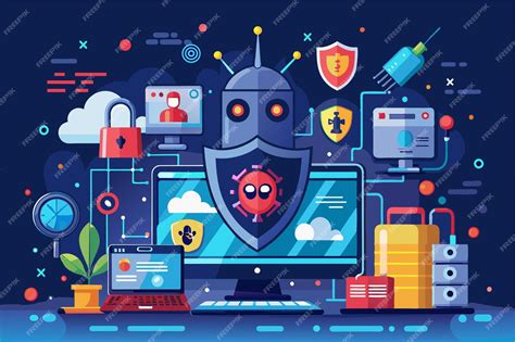 A Vibrant Illustration Showcasing Cybersecurity Elements Like Shields Locks And Malware