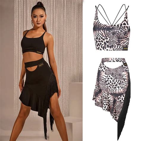 Women Latin Dance Costume Sexy Cross Strap Latin Top Tassels Skirts