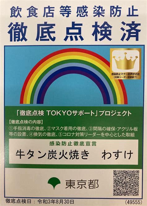 感染防止徹底点検済証 東京・八丁堀 牛タン炭火焼居酒屋 わすけ