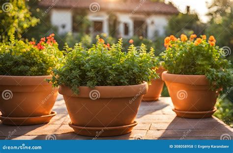 An Array Of Terracotta Flowerpots Cradling An Assortment Of Colorful