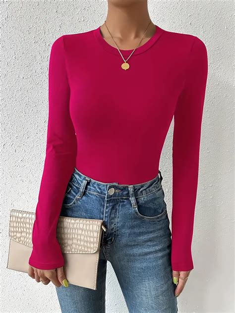 Basic Skinny Stretchy Top Long Sleeve Crew Neck Solid T Temu