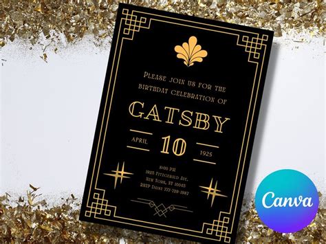 The Great Gatsby Birthday Invitation Canva Template Gatsby S