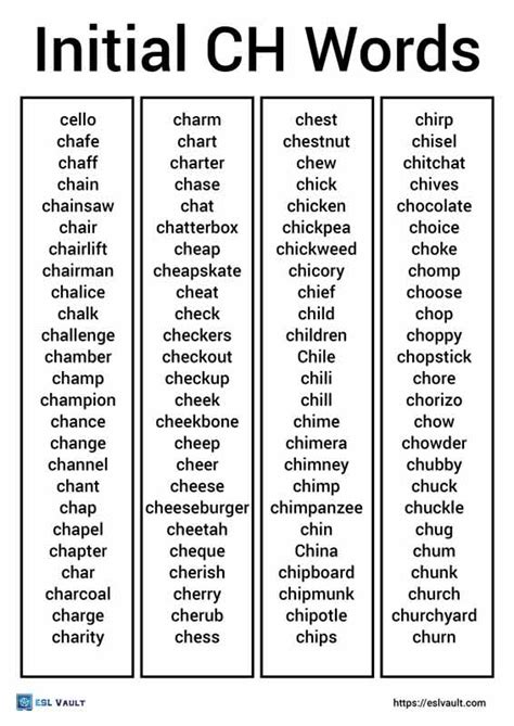 Free CH Words Lists With 48 Picture Cards PDF ESL Vault