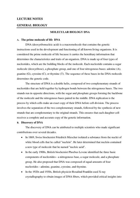 Molecular Biology DNA Lecture Notes LECTURE NOTES GENERAL BIOLOGY MOLECULAR BIOLOGY DNA A The