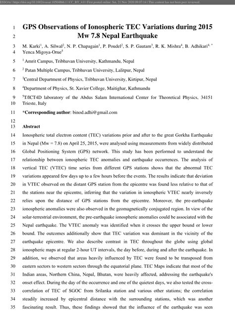 Pdf Gps Observations Of Ionospheric Tec Variations During 2015 Mw 78 Nepal Earthquake
