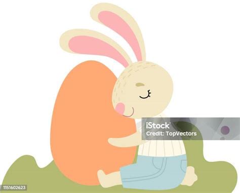 큰 계란 행복 한 부활절 인사말 카드 초대장 포스터 배너 벡터 일러스트 레이 션에 대 한 디자인 요소를 포옹 하는 행복 한 귀여운 토끼 벡터에 대한 스톡 벡터 아트 및 기타