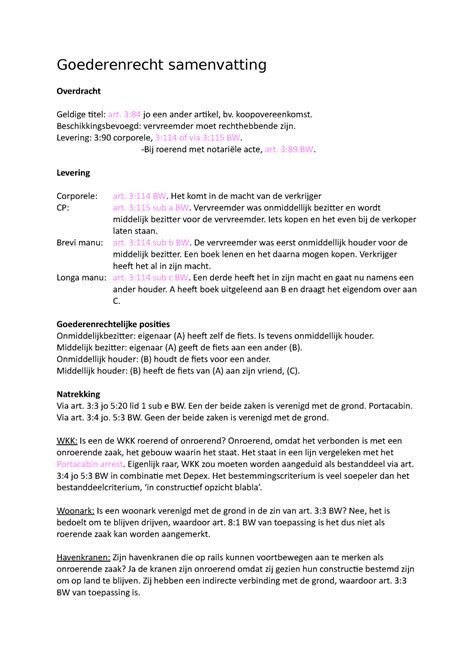 Goederenrecht Samenvatting Goederenrecht Samenvatting Overdracht Geldige Titel Art Jo