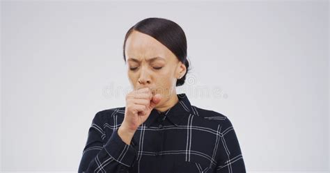 Woman Coughing In Studio And Sick With Health Problem Lung Disease Or