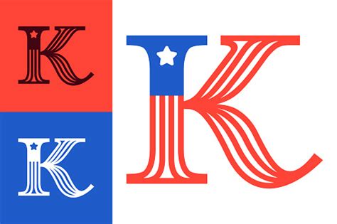 미국 국기로 만든 K 문자 로고 별과 줄무늬가 있는 Serif 글꼴입니다 미국 역사와 7 월 4 일 축하 행사의 클래식 아이콘