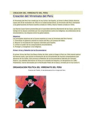 Creacion Del Virreinato Del Peru Docx Trabajo 1 PDF