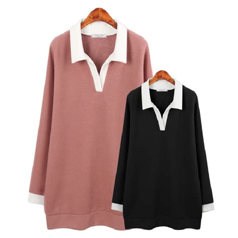 허밍퍼플 여성용 3668 따뜻한 심플 카라 배색 T 빅사이즈 긴팔 티셔츠 배색 니트 미시 스타일 P350536791