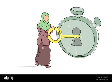 Single One Line Drawing Arab Businesswoman Put Key Into Stopwatch Time