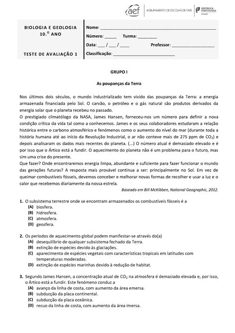 Teste Sumativo de Biologia e Geologia 10 º ano B I O L O G I A E G E