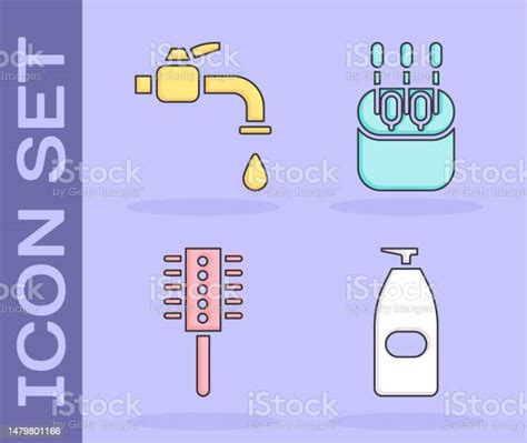 Set Bottle Of Liquid Antibacterial Soap Water Tap Hairbrush And Cotton