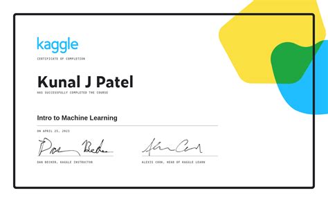 kunal j patel completed the intro to machine learning course on kaggle