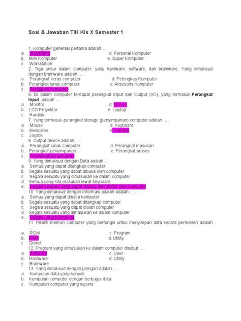 Soal Tik Kelas 10 Semester 1 Pdf