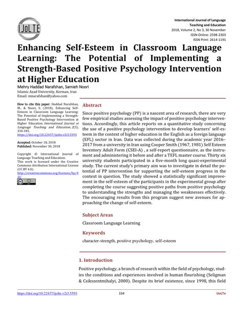 Pdf Enhancing Self Esteem In Classroom Language Learning The Potential Of Implementing A