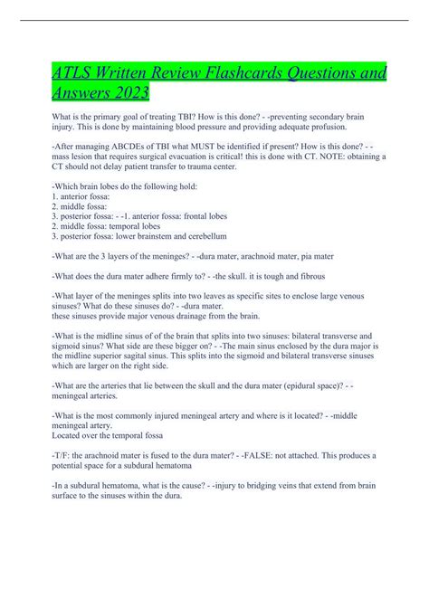 Atls Written Review Flashcards Questions And Answers 2023 Atls Stuvia Us