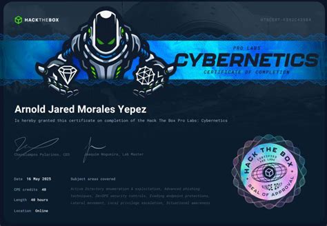 Cybernetics Htb Hacking Prolabs Certificate Oscp Cape Ad Arnold Jared Morales Yepez