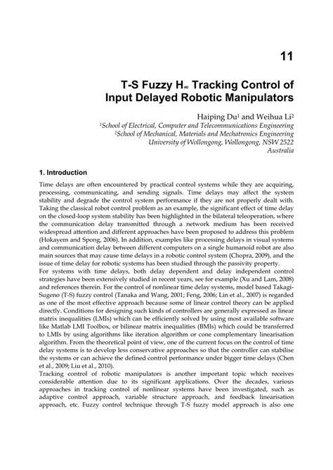 PDF T S Fuzzy H Tracking Control Of Input Delayed Robotic Manipulators