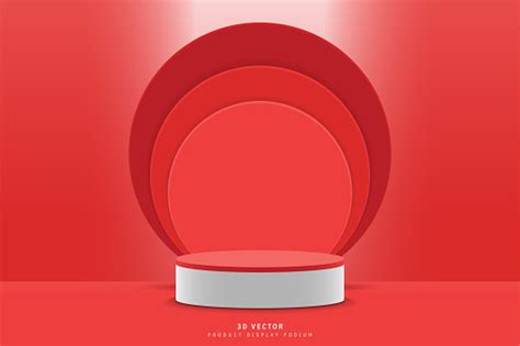 3d 벡터 렌더링 스튜디오 룸에 3개의 둥근 원 모양 배경이 있는 사실적인 빨간색과 흰색 실린더 연단 제품 디스플레이