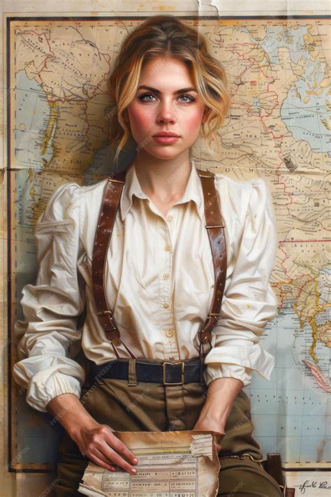 Exploradora Vintage Mujer Con Mapa En Traje Clásico Posando Frente Al