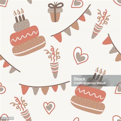 귀여운 아기 생일 케이크 완벽 한 패턴입니다 맛있는 축하 장식 빵집 베이지색 배경에 불타는 촛불이 있는 컵케이크 인사말 카드