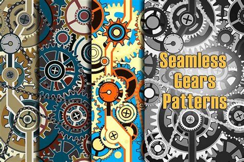 Four Different Patterns With Gears On Them And The Words Seamless Gears