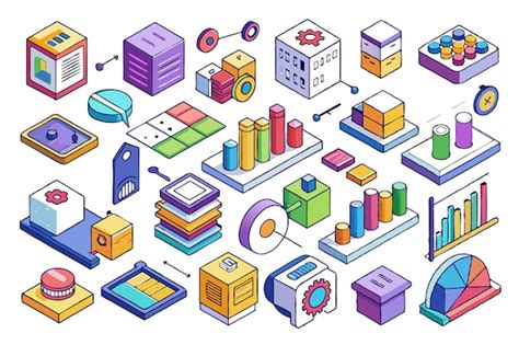a collection of isometric icons representing various data analysis
