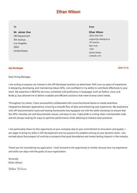 API Developer Cover Letter Examples And Templates For ResumeDesign Ai