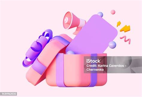 분홍색 오픈 선물과 스피커가 있는 상품권 템플릿입니다 기프트 카드 및 프로모션 새해 또는 생일에 대한 기프트 카드 알림의 개념입니다 3d 렌더링 그림 보라색에 대한 스톡