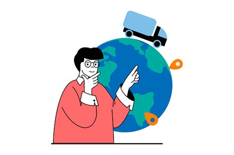플랫 웹 디자인에서 사람들 장면이 있는 전 세계 배달 개념입니다 트럭 물류로 상품의 수출입 운송을 관리하는 사람 소셜 미디어 배너 마케팅 자료에 대한 벡터 그림입니다 개념에