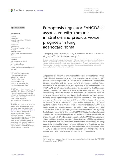 PDF Ferroptosis Regulator FANCD Is Associated With Immune Infiltration And Predicts Worse