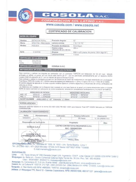 Certificado De Calibracion Estacion Total Pdf