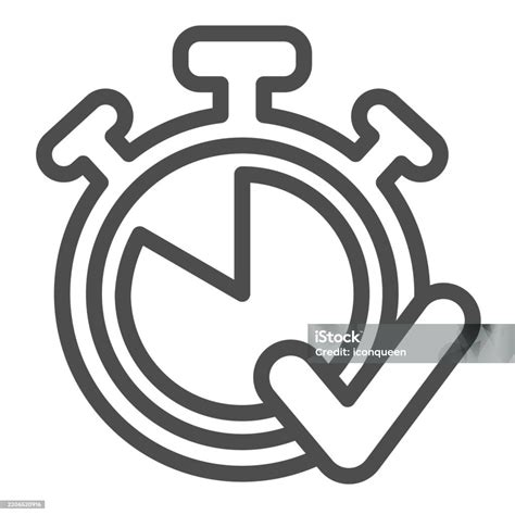 스톱워치 타이머 및 체크 표시 라인 아이콘 프로젝트 일정 개념 벡터 그래픽입니다 흰색 배경에 작업 완료 성공 표시가 있는 시계 모바일 또는 웹 디자인을 위한 개요 스타일