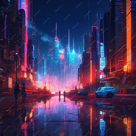 Premium Ai Image Futuristic City Street Scene With People Walking On