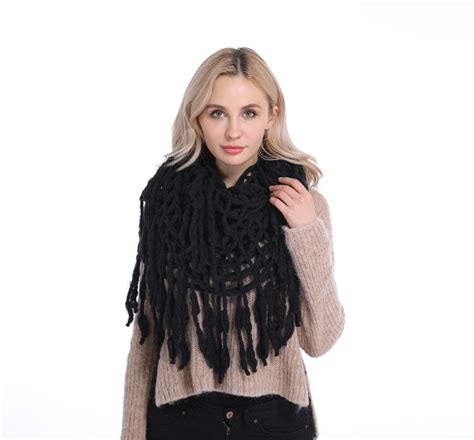 Solid Crochet Infinity Scarf With Tassels Soft War Grandado