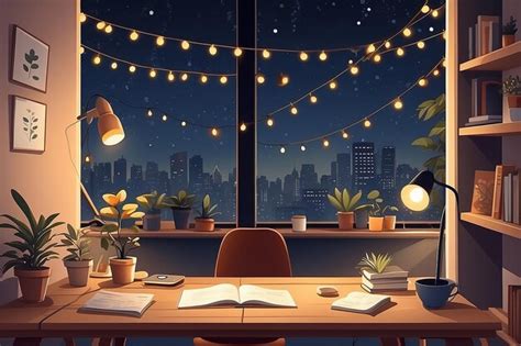 Premium Photo Cozy Workspace With Fairy Lights Vector Warm Atmosphere