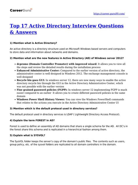 Top 17 Active Directory Interview Questions Pdf Active Directory