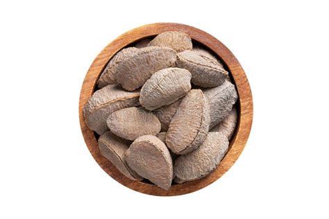 Shelled Bertholletia Brazil Nuts In Wooden Bowl Isolated On White Background Vegan Food Top