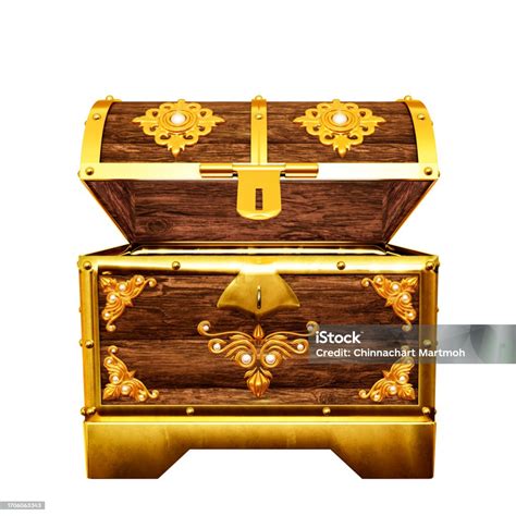 금으로 만든 보물 상자 나무와 금속으로 만든 골동품 상자 금색으로 칠해졌습니다 골동품 자물쇠는 보물 상자를 잠급니다 클리핑 패스가 있는 흰색 배경 3d 렌더링 고대 유물에