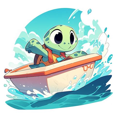 Premium Vector A Turtle On A Boat Cartoon Style