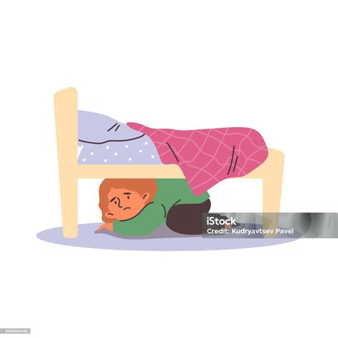 걱정 무서워 아이 침대 밑에 숨어 플랫 벡터 일러스트 레이션 고립 가정 생활에 대한 스톡 벡터 아트 및 기타 이미지 가정
