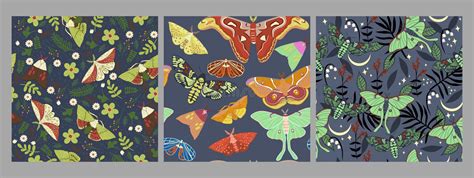 Collection Of Seamless Pattern With Night Butterflies Vector Graphics