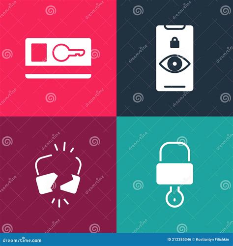 Set Pop Art Lock And Key Broken Or Cracked Lock Eye Scan And Key Card Icon Vector Stock